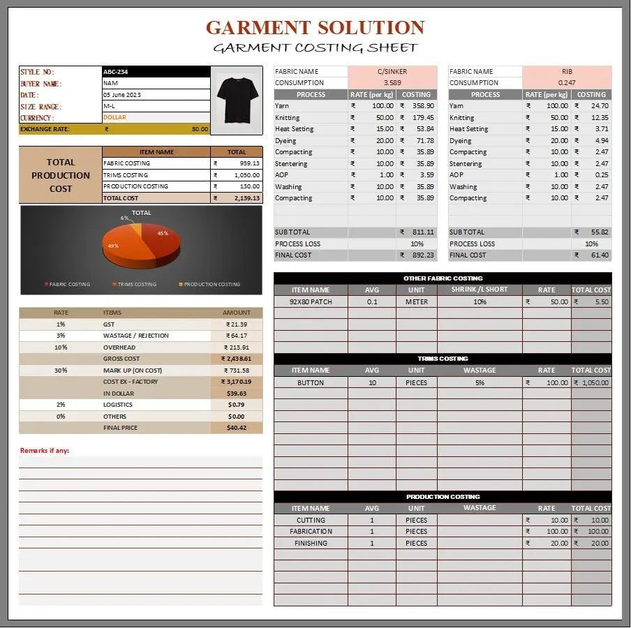 Knitted Garments Costing Excel Template | Accurate Cost Analysis ...